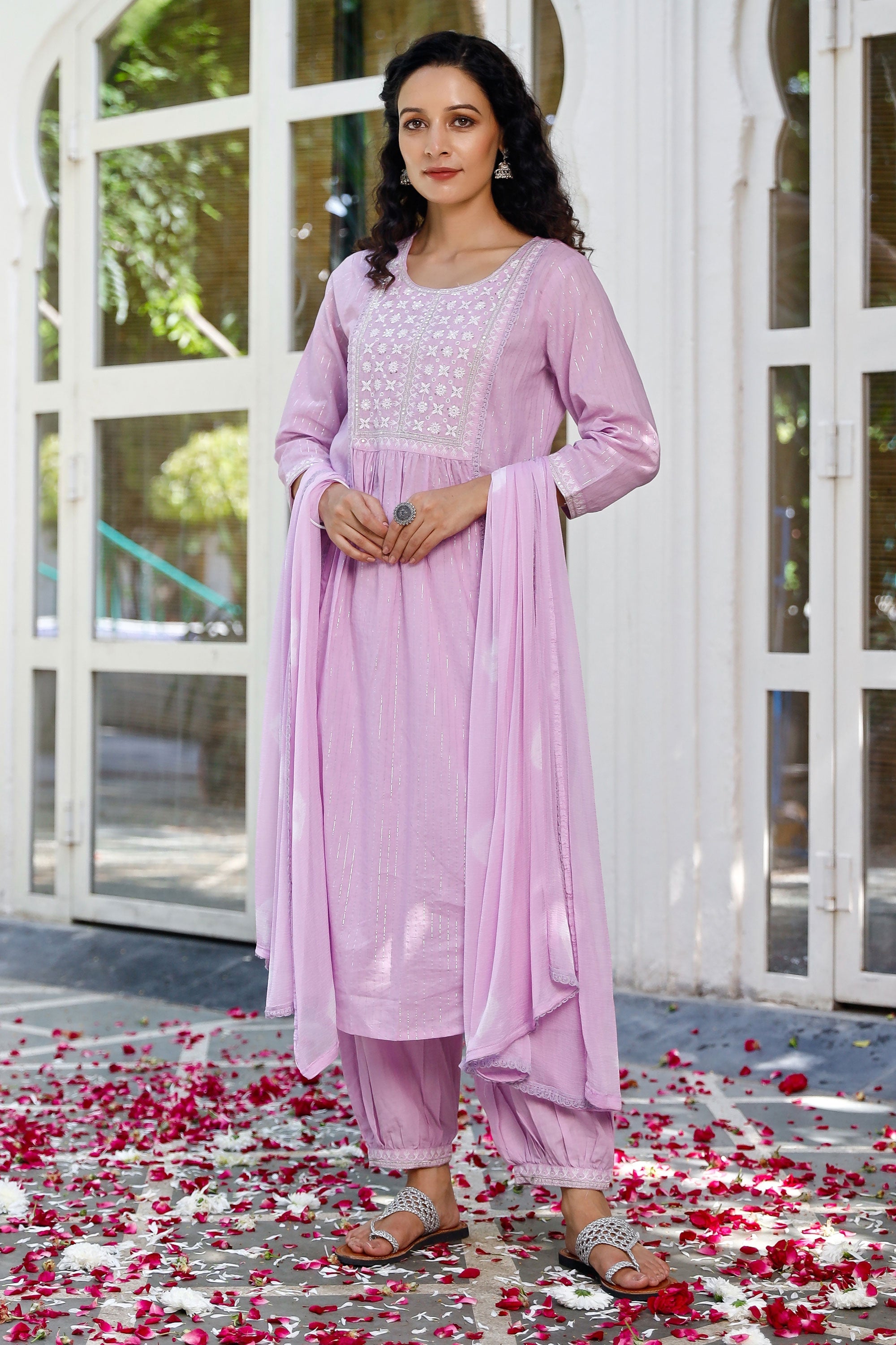 Buy Tempting Cotton Fabric Lavender Color Readymade Suit With Fancy ...