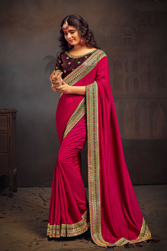 Buy Rani Color Fascinating Border Work Banglori Silk Saree online from ...