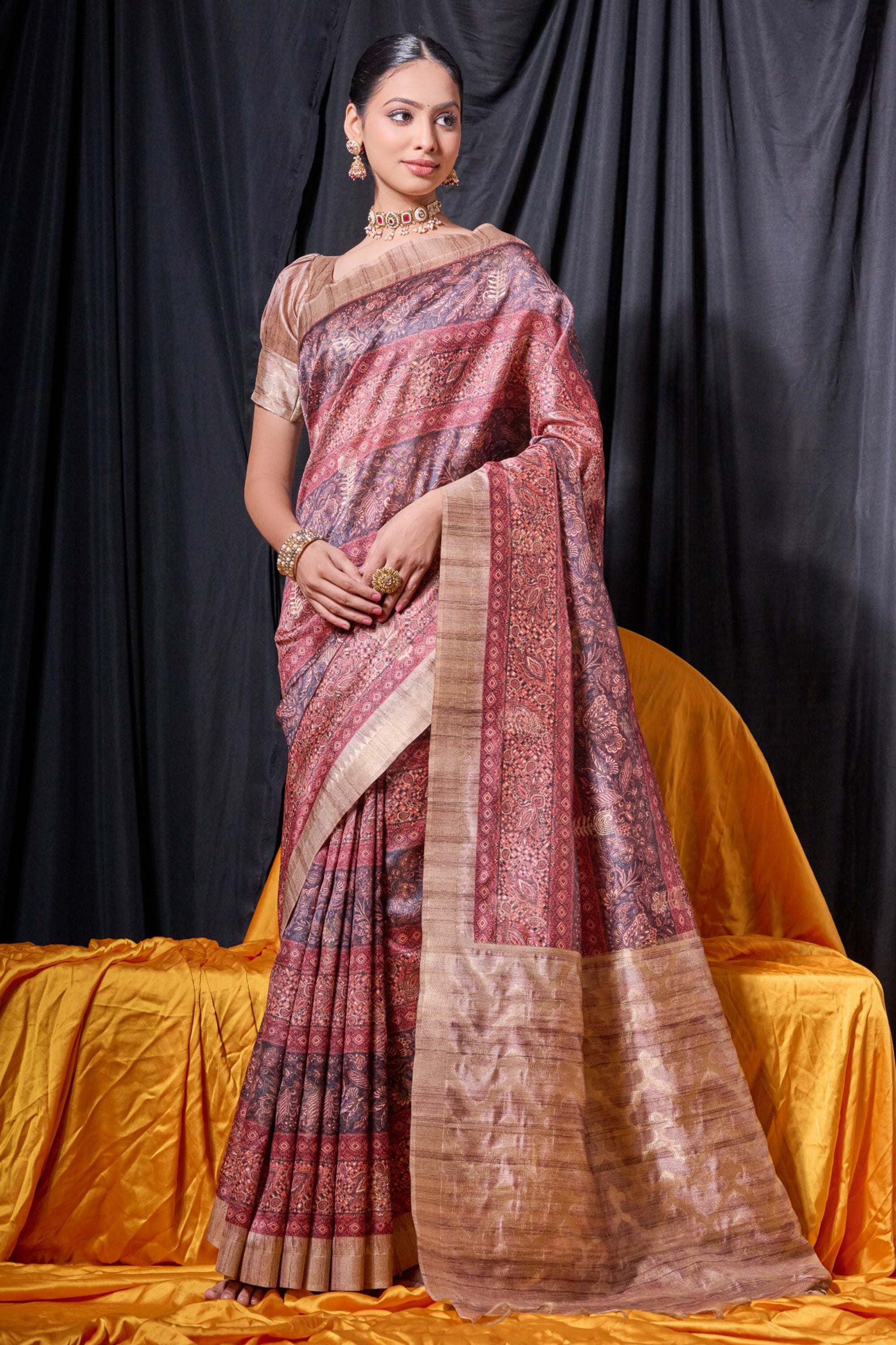 Buy Function Wear Tussar Silk Weaving Print Maroon Color Saree