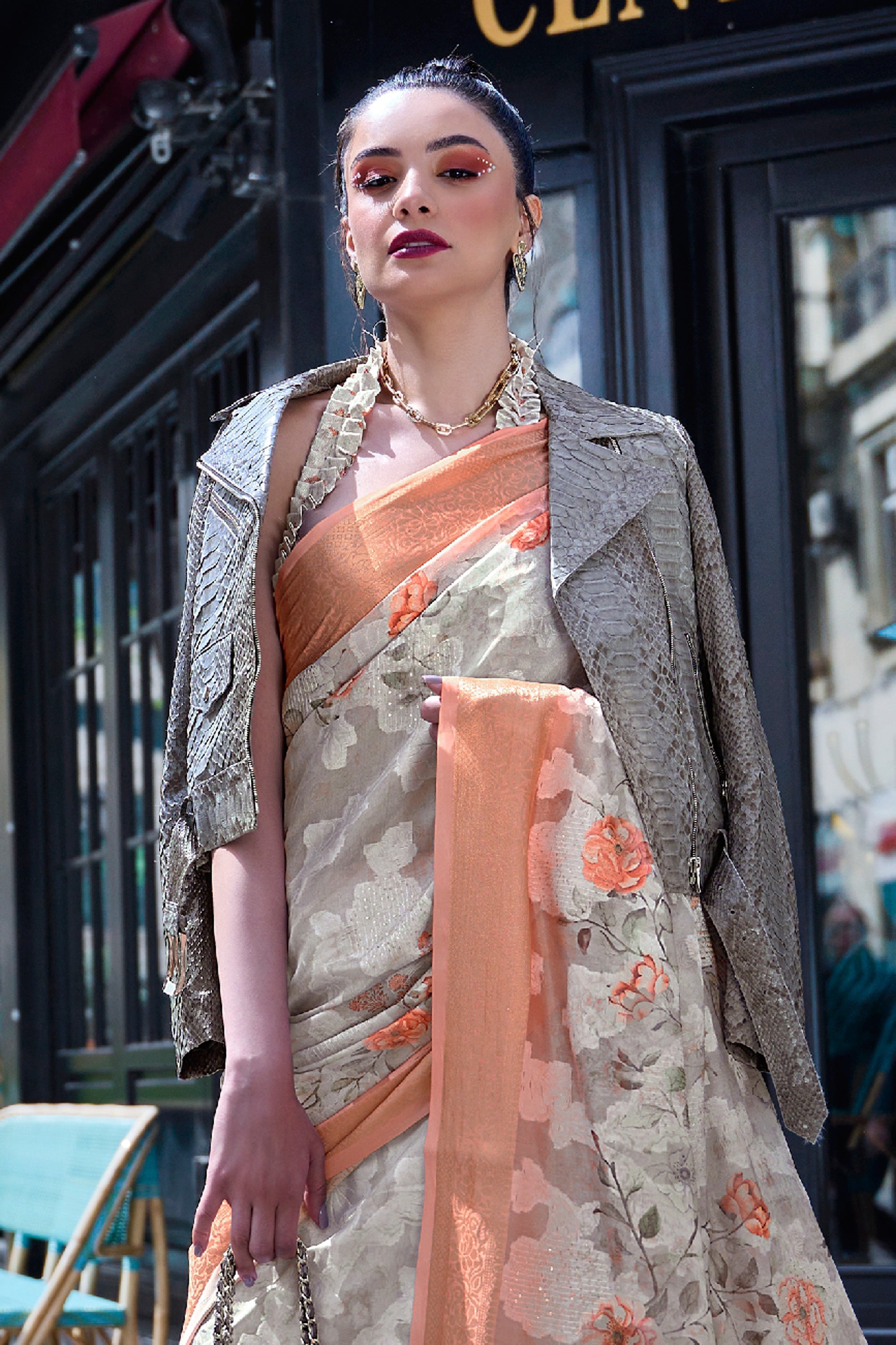 Buy Printed Work On Brasso Fabric Cream Color Gorgeous Saree online ...