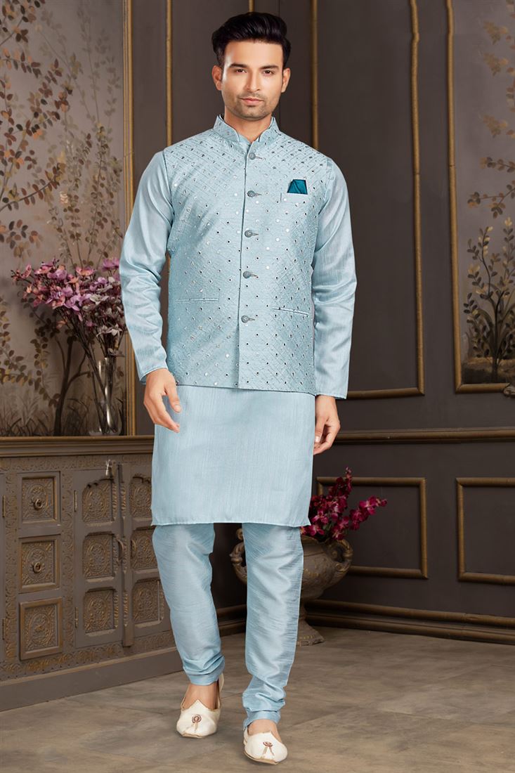 Buy Graceful Light Cyan Color Art Sill Fabric Function Wear Kurta ...