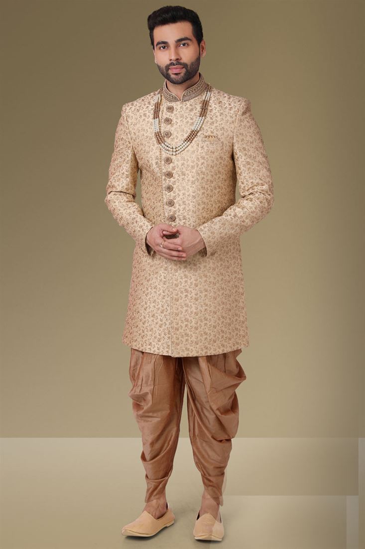 Function Wear Art Silk Fabric Beige Color Sherwani