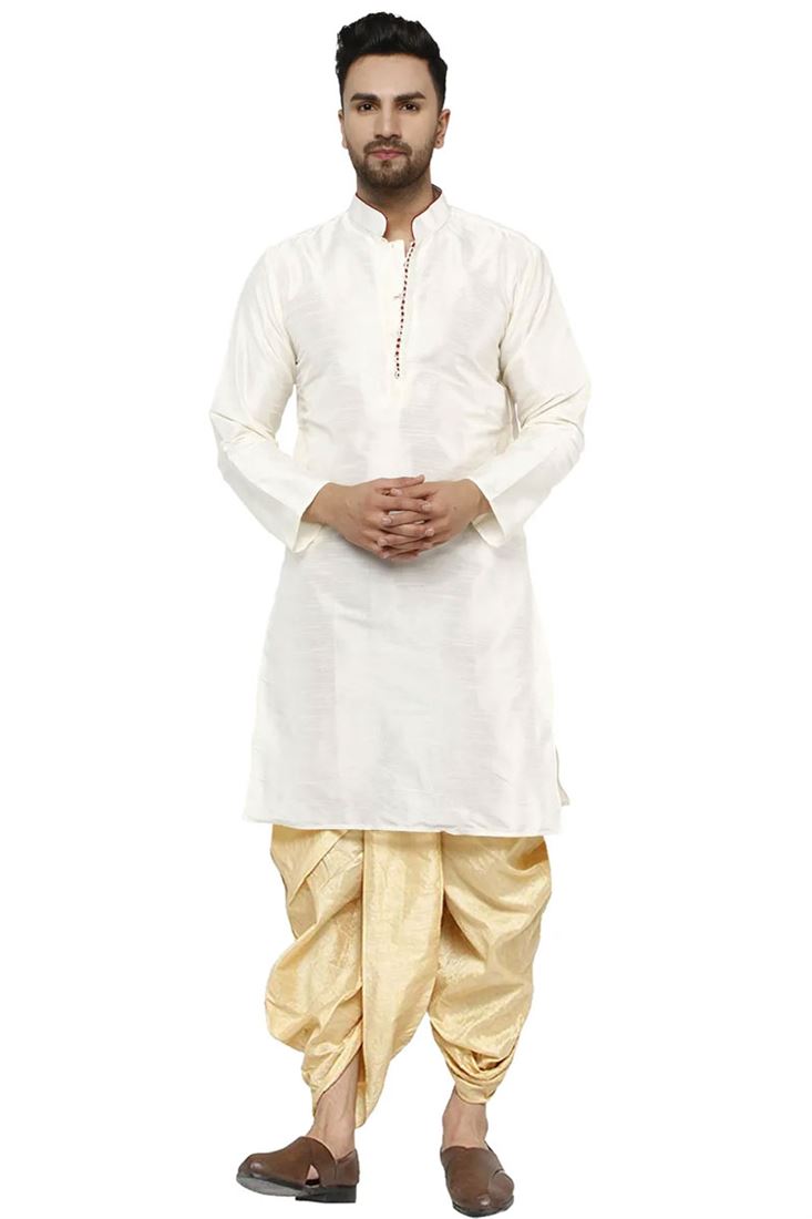 White Color Dhupion Silk Fabric Function Wear Dhoti Style Kurta Pyjama ...