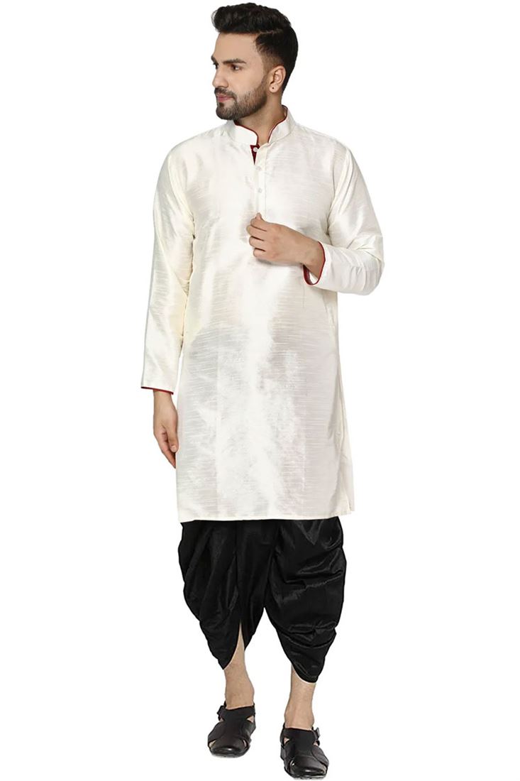 Dhupion Silk Fabric Function Wear Dhoti Style Kurta Pyjama In White Co ...