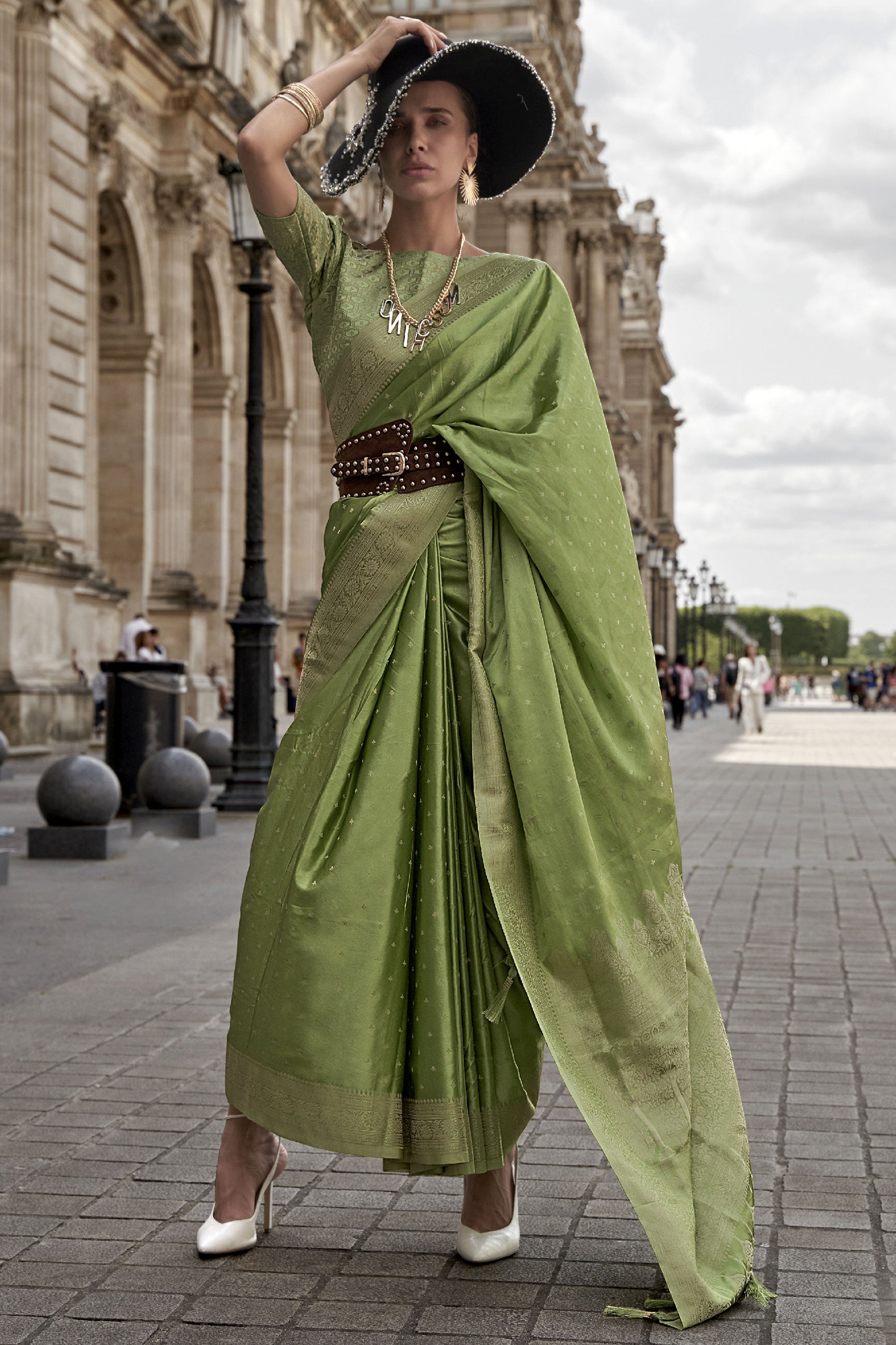 Buy Green Satin Silk Fabric Fancy Weaving Work Saree