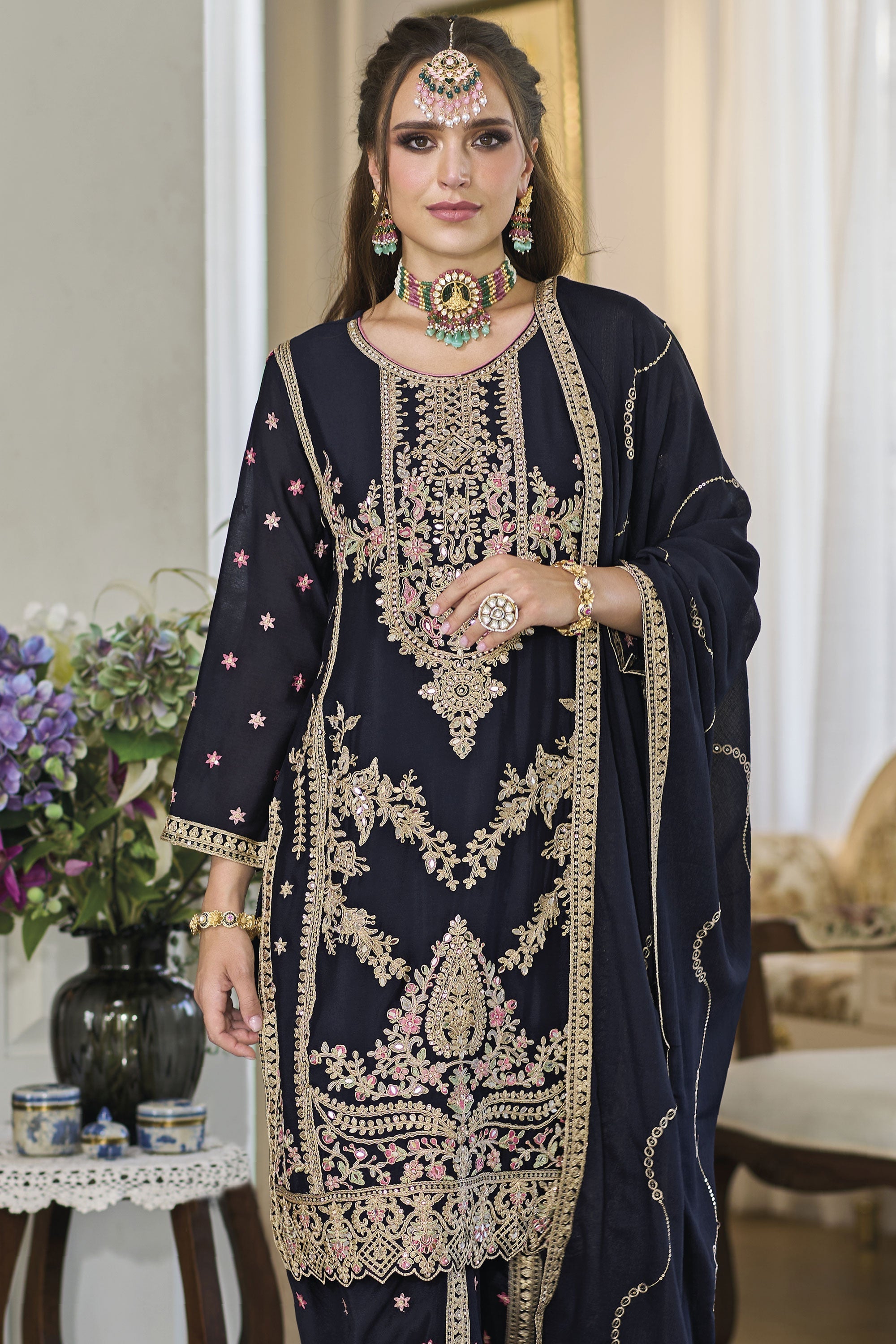 Buy Radiant Navy Blue Color Chinon Fabric Readymade Panjabi Style ...