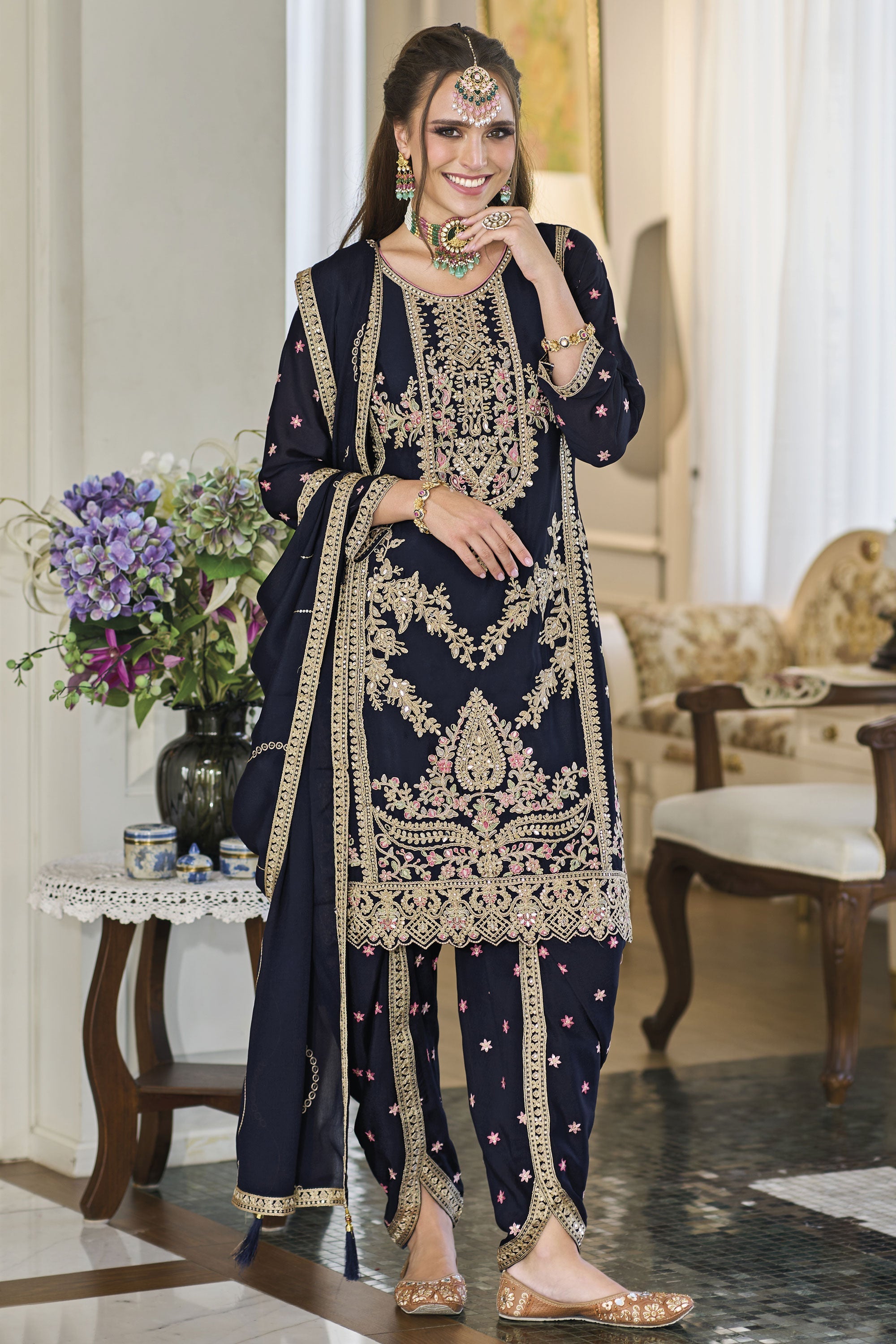 Buy Radiant Navy Blue Color Chinon Fabric Readymade Panjabi Style ...