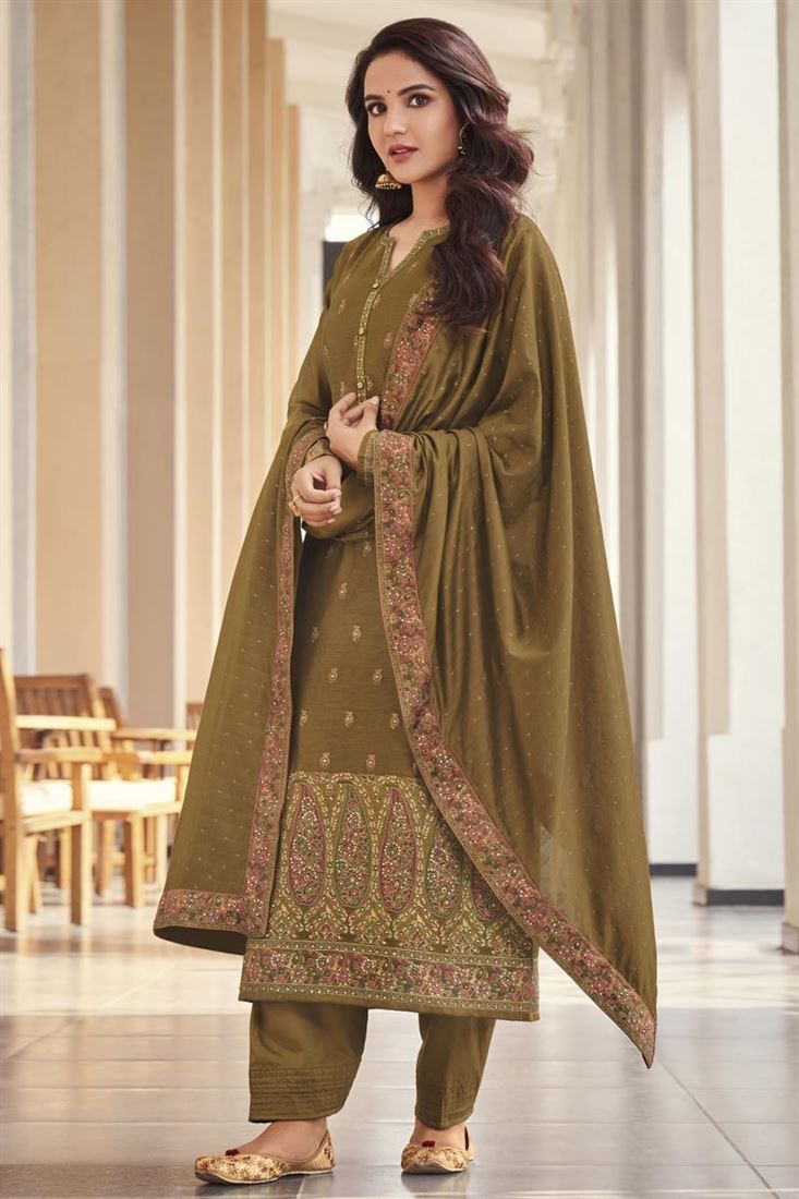 Buy Jasmin Bhasin Dazzling Jacquard Fabric Mehendi Green Color Salwar Suit