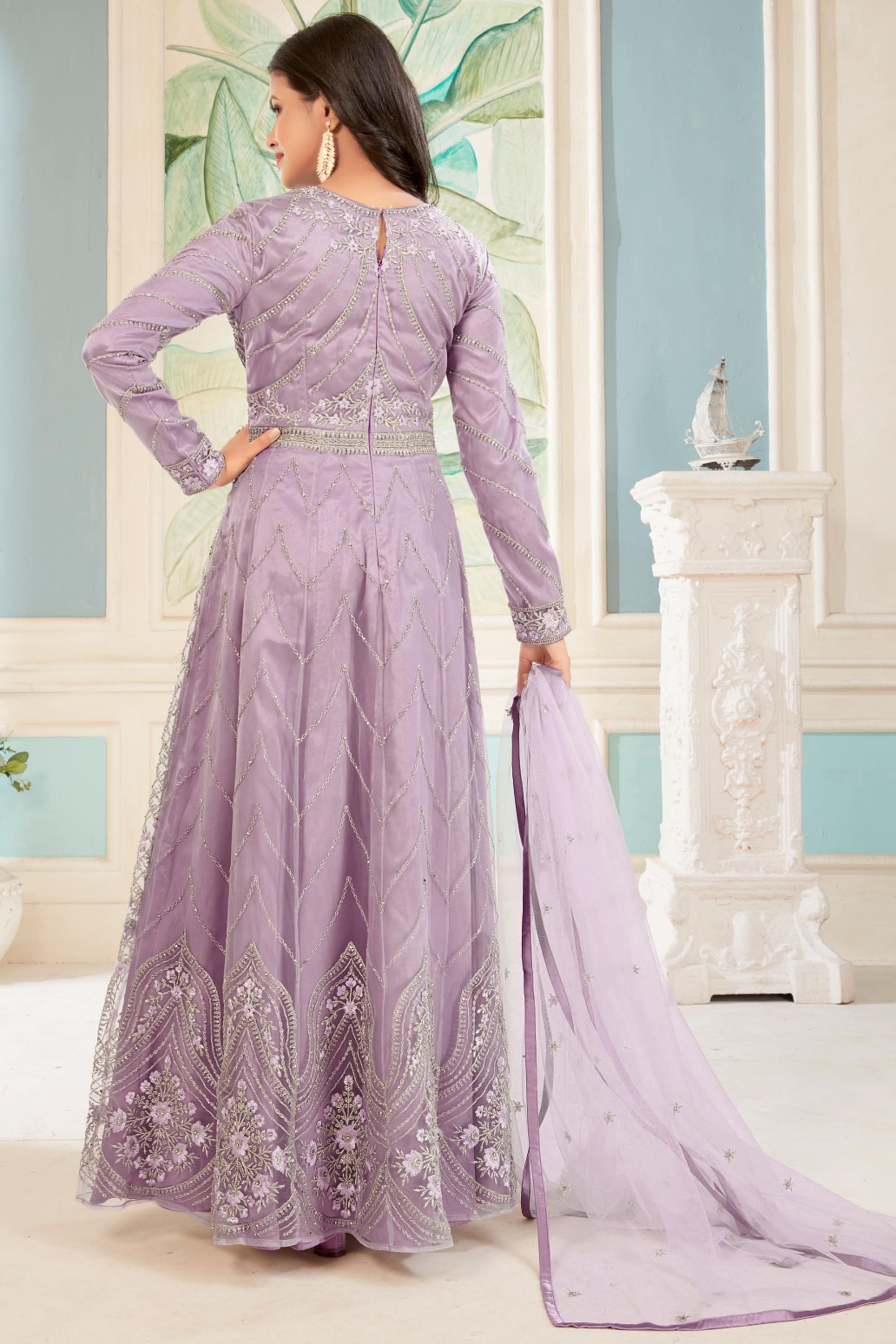 Sangeet Wear Embroidered Long Anarkali Salwar Kameez In Net Fabric Lav