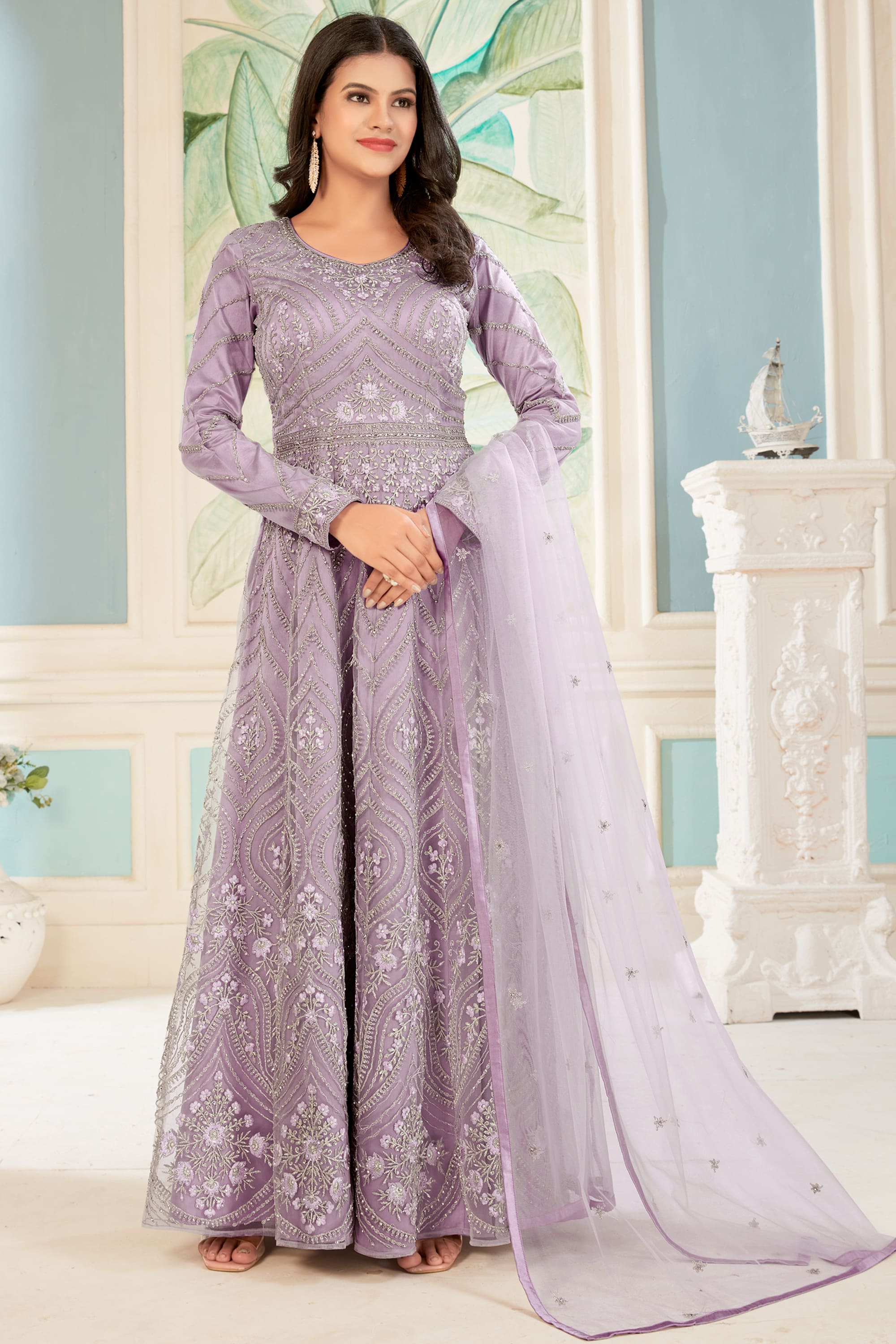 Sangeet Wear Embroidered Long Anarkali Salwar Kameez In Net Fabric Lav
