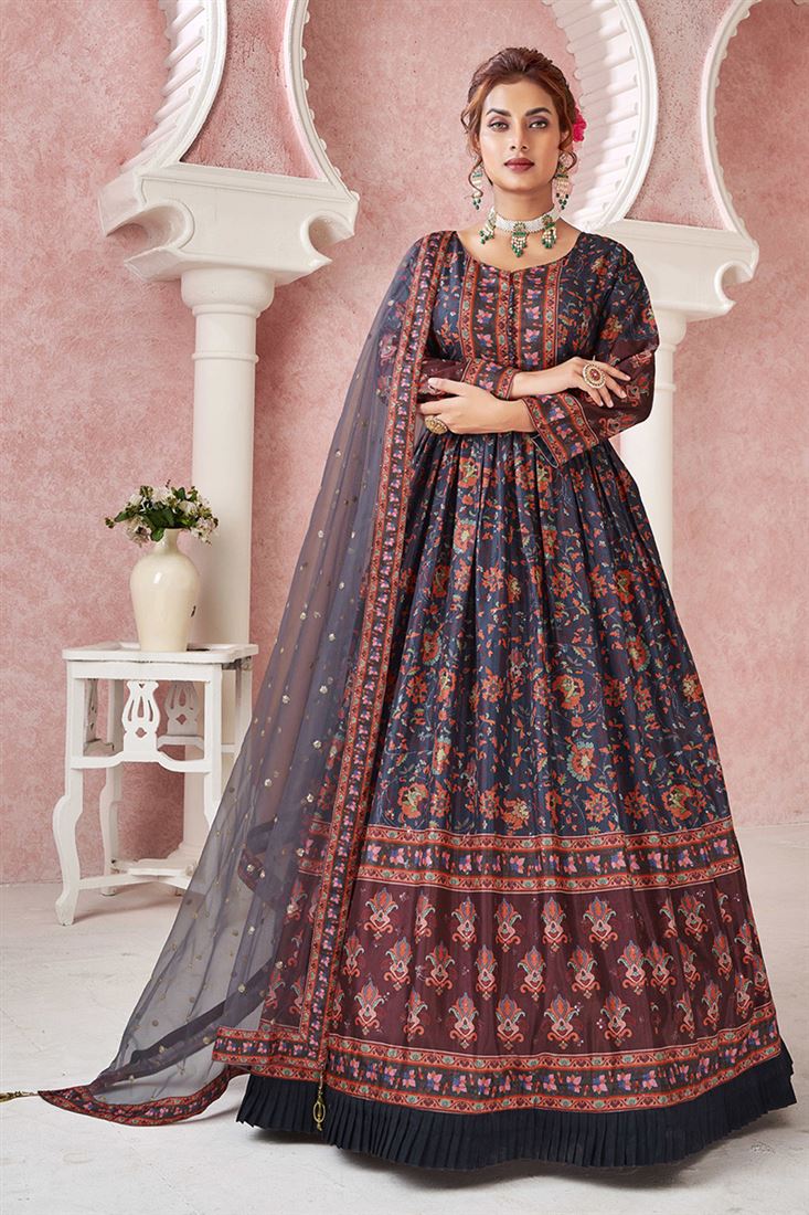 Buy Art Silk Fabric Charismatic Gown With Dupatta In Navy Blue Color ...