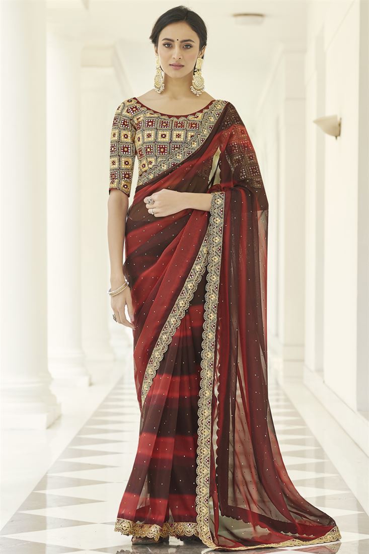 Exclusive Maroon Color Embroidered Work On Organza Fabric Party Wear S ...